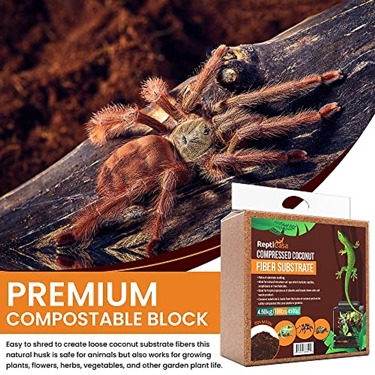 ReptiCasa Compressed Coconut Fiber Substrate, 10 lb. Block, Natural Husk Terrarium Bedding, Reptiles, Frogs, Snakes, or Tortoise, Odor and Waste Absorbent Compostable, Organic with High Expansion