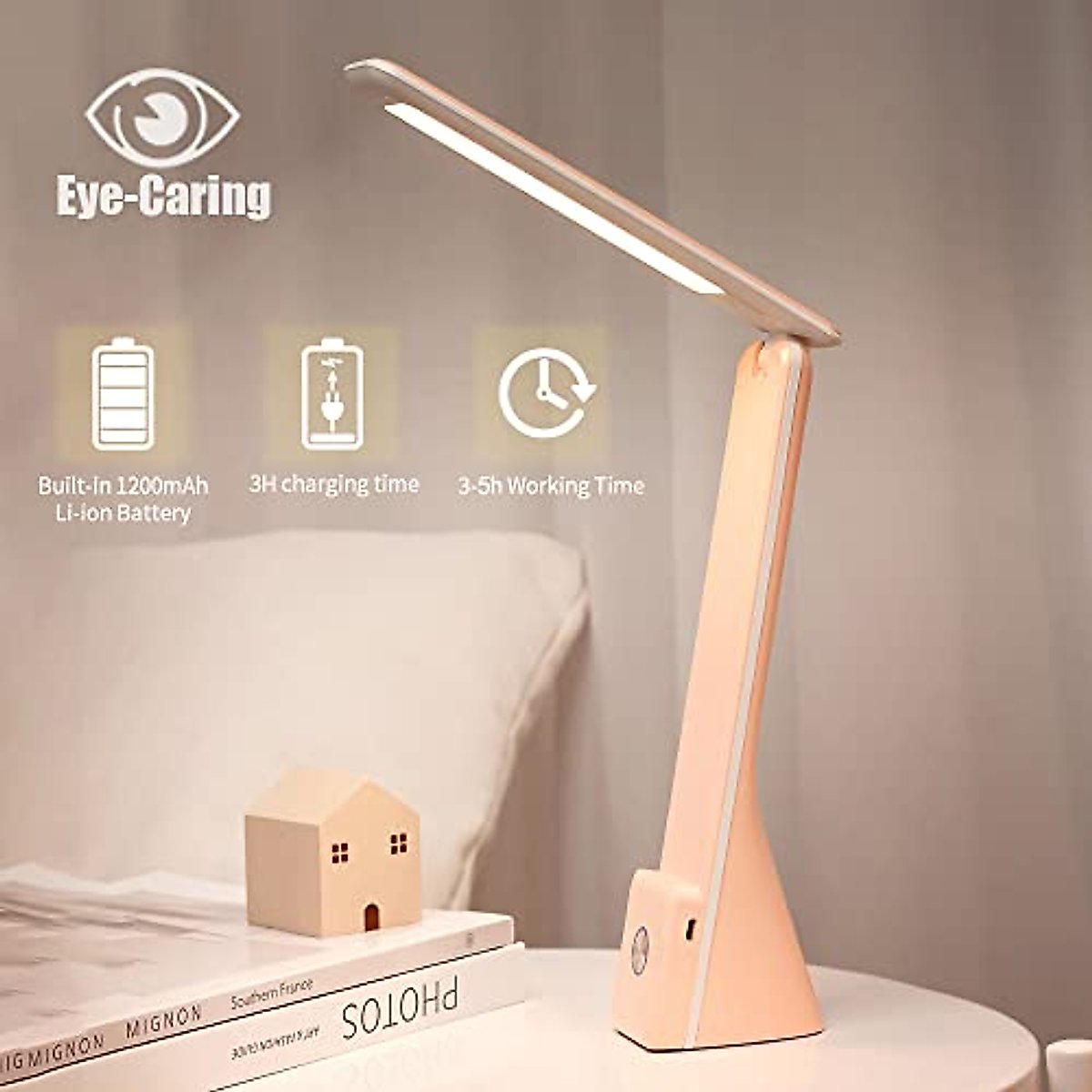 CometMars LED Desk Lamp (Pink), Cordless Lamp with 3 Lighting Modes, Rechargeable Reading Lamp with Adjustable Arm & USB Charge Port, Foldable Eye Caring Table Light for Home Office Study