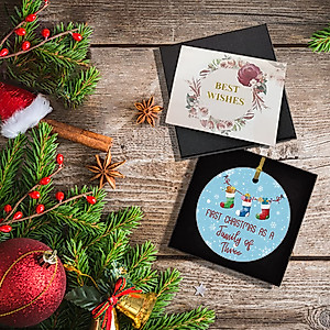 REWIDPARTY Our First Christmas as a Family of Three Ceramic Ornament Christmas Socks Gift for Baby New Parents Baby First Christmas Tree Decor 3" Circle Ceramic Ornament with Gold Ribbon & Gift Box