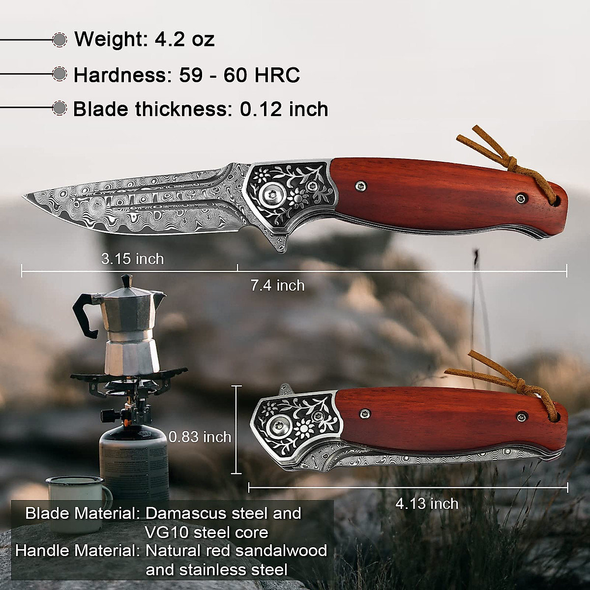 KOMWERO Damascus Pocket Knife, VG10 Damascus Steel Folding Knife with Wood Handle, Leather Sheath, Liner Lock, EDC Knife for Outdoor Survival Hunting Collection