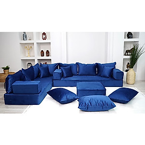 8" Thickness Fabric Royal Blue L Shaped Couch, Moroccan Livingroom Floor Couch, Velvet Sofa Cover, Sofa Bed, Velvet Arabic Seating (L Sofa + Ottoman + Pillows)