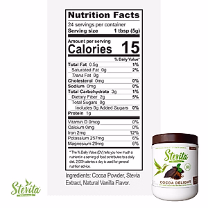 Stevita Cocoa Delight - 4.2 oz - Natural Cocoa Powder with Stevia - For Hot Cocoa, Smoothies, Desserts & Recipes - Non-GMO, Vegan, Keto, Paleo, Gluten Free - 20 Servings