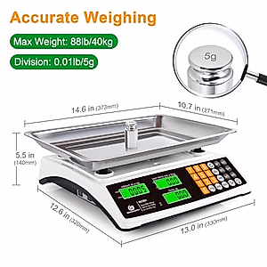Price Computing Scale 88lb/40kg Commercial Food Scale for Produce Meat with Stainless Steel Large Platform, LCD Display, and Green Bright Backlight for Farmers Markets, Deli, （Not for Trade）