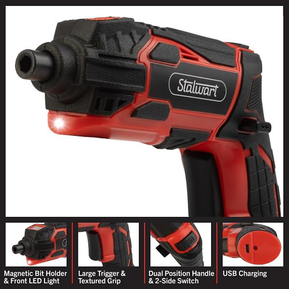 4V Electric Screwdriver 45-Piece Set - Rechargeable Cordless 4.5Nm 250RPM Screw Gun with Dual Position Grip and LED Light by Stalwart (Red)