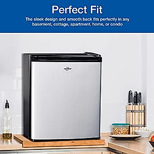 Koolatron Stainless Steel Compact Fridge with Freezer, 1.6 Cubic Feet (44 L) Capacity, Silver and Black, for Snacks, Frozen Meals, Beverages, Juice, Beer, Den, Dorm, Office, Games Room, or RV