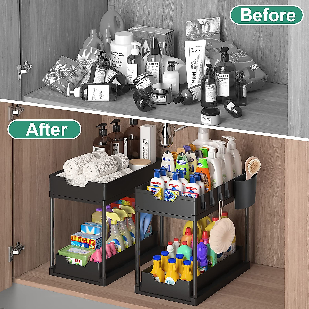 Omloon Under Sink Organizers and Storage,2 Tier Sliding Basket Bathroom Organizer, Under Cabinet Storage Rack with Hooks, Hanging Cup Multi-purpose Drawer Shelf for Bathroom Kitchen Countertop, Black
