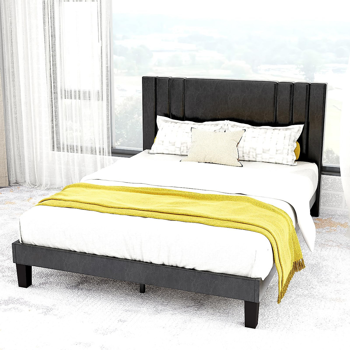 Queen Size Bed Frame, Faux Leather Upholstered Platform with Headboard (Black, Queen (U.S. Standard))