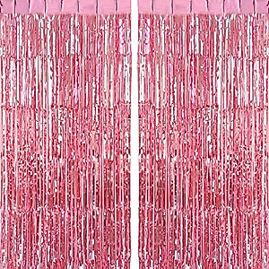 CHRORINE 2pcs 3ft x 8.3ft Pink Tinsel Foil Fringe Curtains Streamers Backdrop for Pink Party Birthday Wedding Bachelorette Baby Shower Bridal Shower Decorations