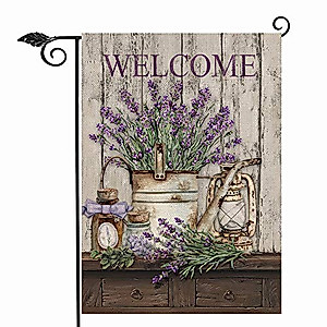 Hzppyz Welcome Spring Summer Garden Flag Lavender Flower Bucket, Decorative House Yard Lawn Outdoor Small Burlap Flag Lantern Decor, Vintage Farmhouse Seasonal Outside Decorations Double Sided 12 x 18