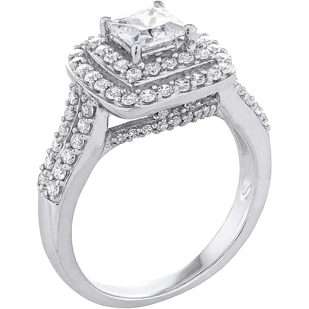 .925 Sterling Silver Cushion Cut Cubic Zirconia Split Shank Double Halo Engagement Ring - Size 9