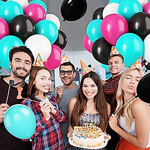 Paready Disco Music Party Balloons, 30 Pcs 12 Inch Hot Pink Black Blue and White Latex Balloons with Ribbons for 80s 90s Disco Music Party Hip Hop Theme Party Birthday DJ Short Video Party Decoration