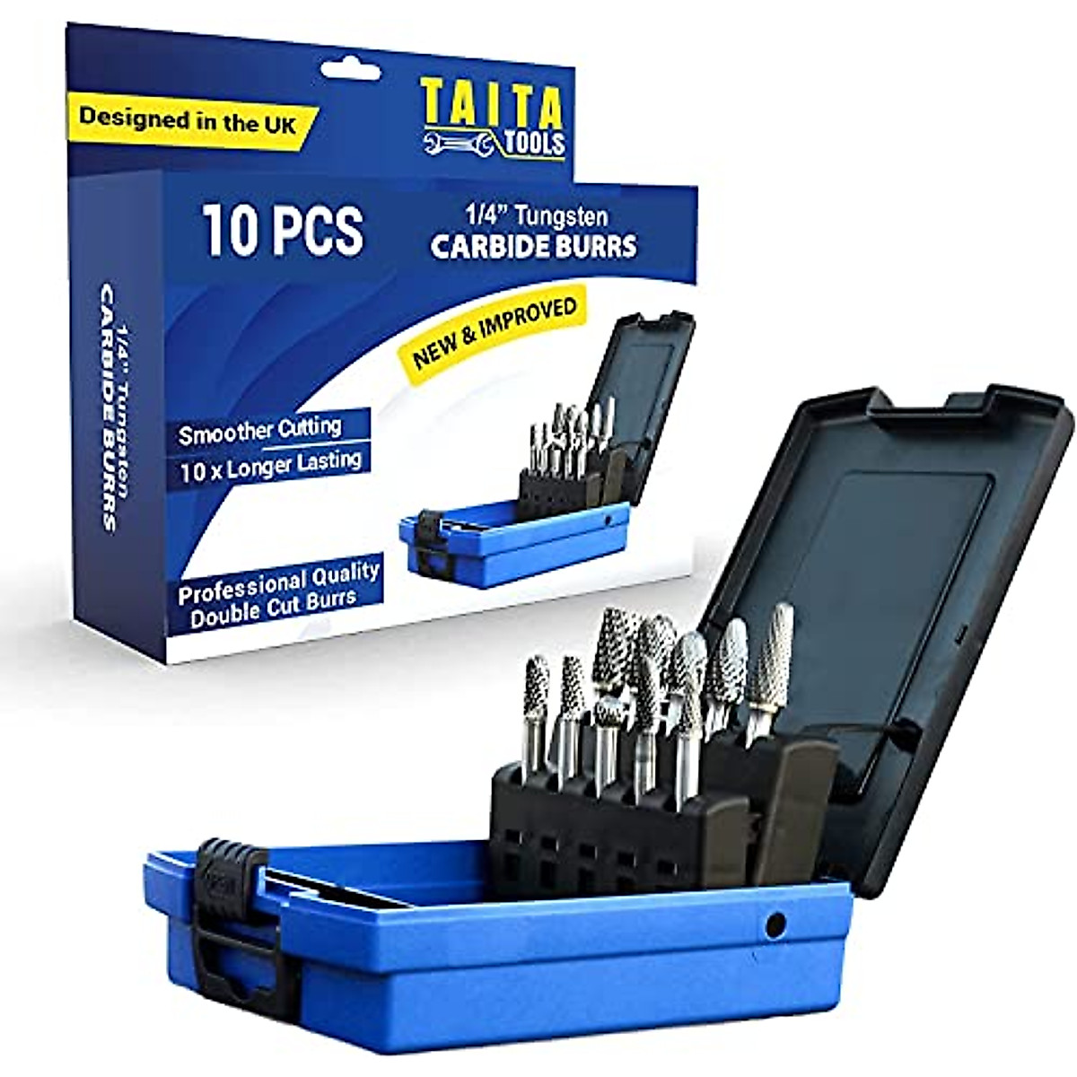 10pc Carbide Burr Set 1/4" Shank Tungsten Double Cut Rotary Die Grinder Bits - Cutting Burrs for Milwaukee, Dewalt and Die Grinder Accessories - Wood Carving Metal Working & Sturdy Storage Case