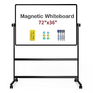 VIZ-PRO Double-Sided Magnetic Mobile Whiteboard, 72 x 36 Inches, Height Adjustable Rolling Dry Erase Board Black with 4 Markers, 6 Magnets, 1 Eraser and 2 Hooks