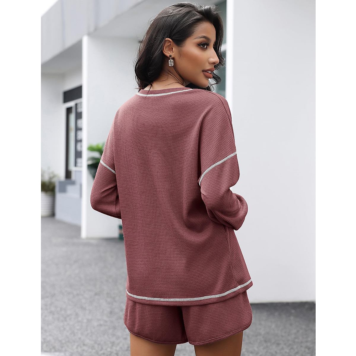 Andeip Lounge Set for Women Two Piece Long Sleeve Waffle Pjs Set Contrast Stitching Pajama Sets Red L