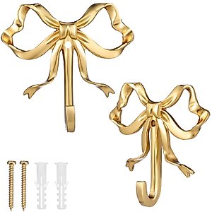 Gadpiparty 2Pcs Bow Hook Decorative Wall Hooks Bowknot Coat Hook Gold Towel Robe Hook Hanging Brass Hooks for Home Bedroom Bathroom Office Outdoor (2.63 inches)