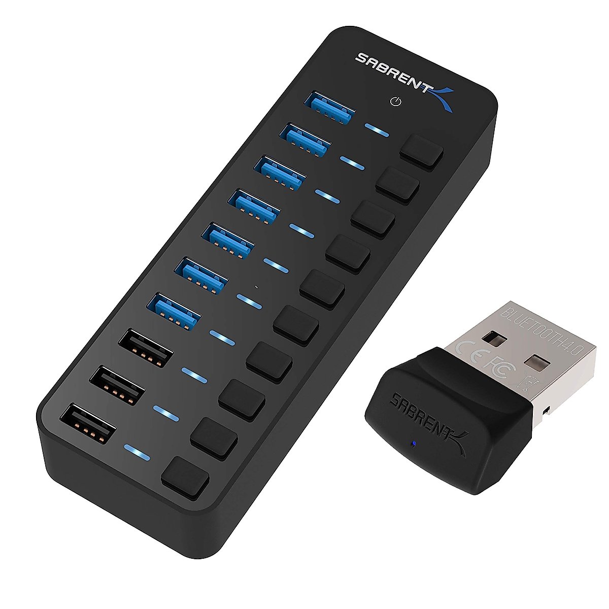 60W 10 Port USB 3.0 Hub Includes 3 Smart Charging Ports with Individual Power Switches and LEDs and 60W 12V/5A Power Adapter+USB Bluetooth 4.0 Micro Adapter for PC [v4.0 Class 2 with Low Energy Techno