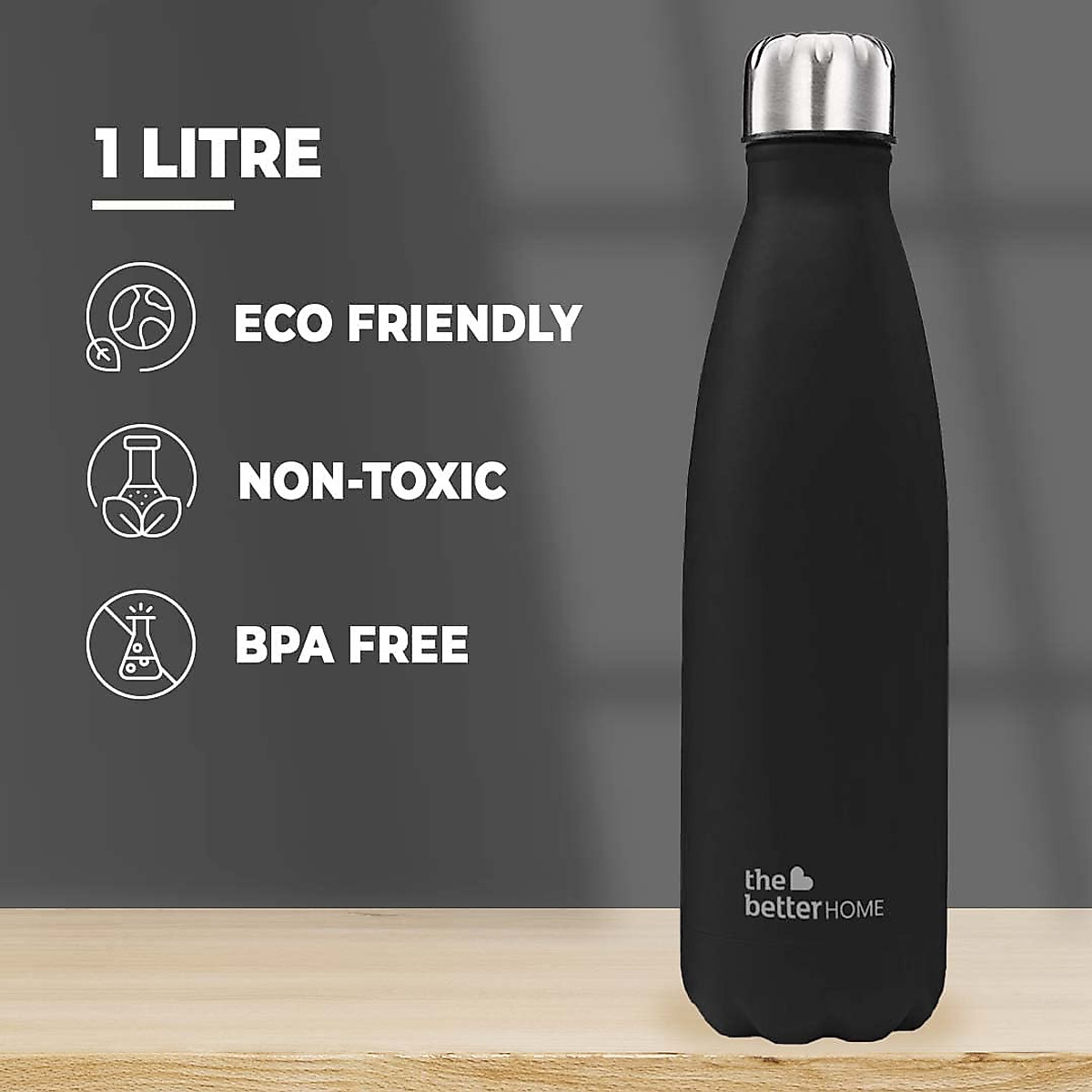 The Better Home 1000 Stainless Steel Insulated Water Bottle 1 Litre | Thermos Flask 1 Litre+ | Food Grade & BPA Free, Hot and Cold Steel for Kids (Black)