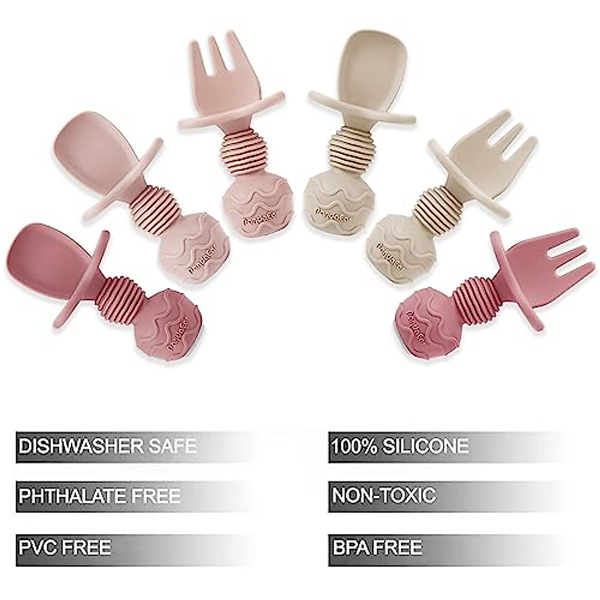 PandaEar 6 Pack Silicone Baby Spoons and Fork Feeding Set- Anti-Choke First Self Feeding Utensils for Baby Led Weaning Ages 3 Months -Pink