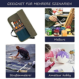 Kaaltisy Artist Paintbrush Carry Pouch, Heavy Duty 16oz Waxed Canvas Pencil & Brush Storage Bag, 20 Slots Paintbrush Organizer Case (Army Green)