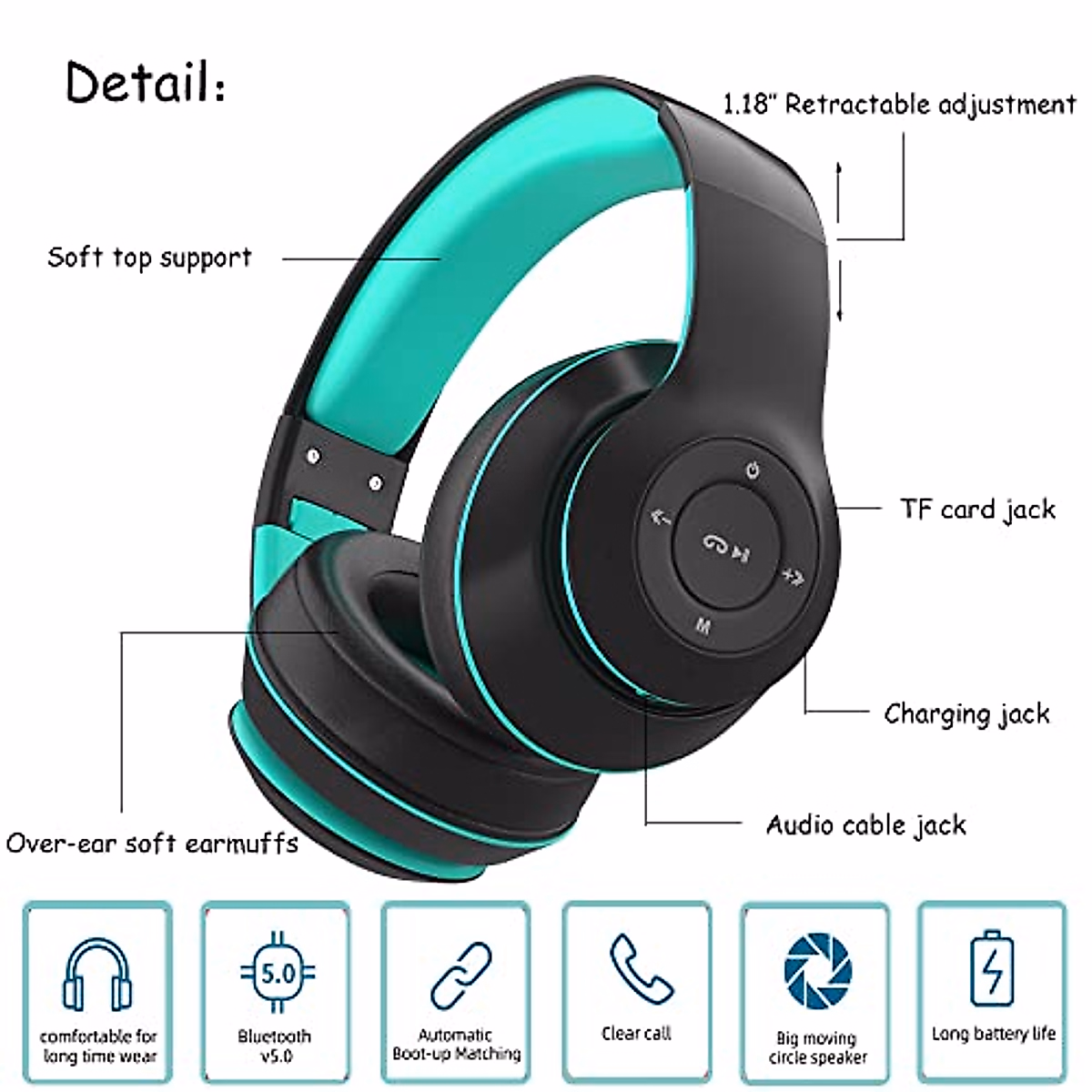 Kids Bluetooth Headphones, Over-Ear Bluetooth Wireless Wired 2-In-1 Headphones, Foldable Soft Earmuff Shocking Bass Noise Reduction with Mic Headsets for Girls Boys Learning Music Gaming (Black)