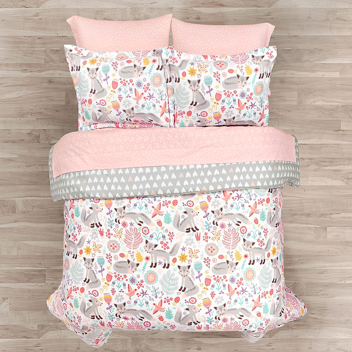 Lush Decor Pixie Fox Reversible Comforter Set, 5 Piece Set, Twin XL, Pink & Gray - Kids Bedding with Sheet Set - Comforter Set for Girls - Toddler Bedding - Floral & Hearts - Woodland Bedroom Decor