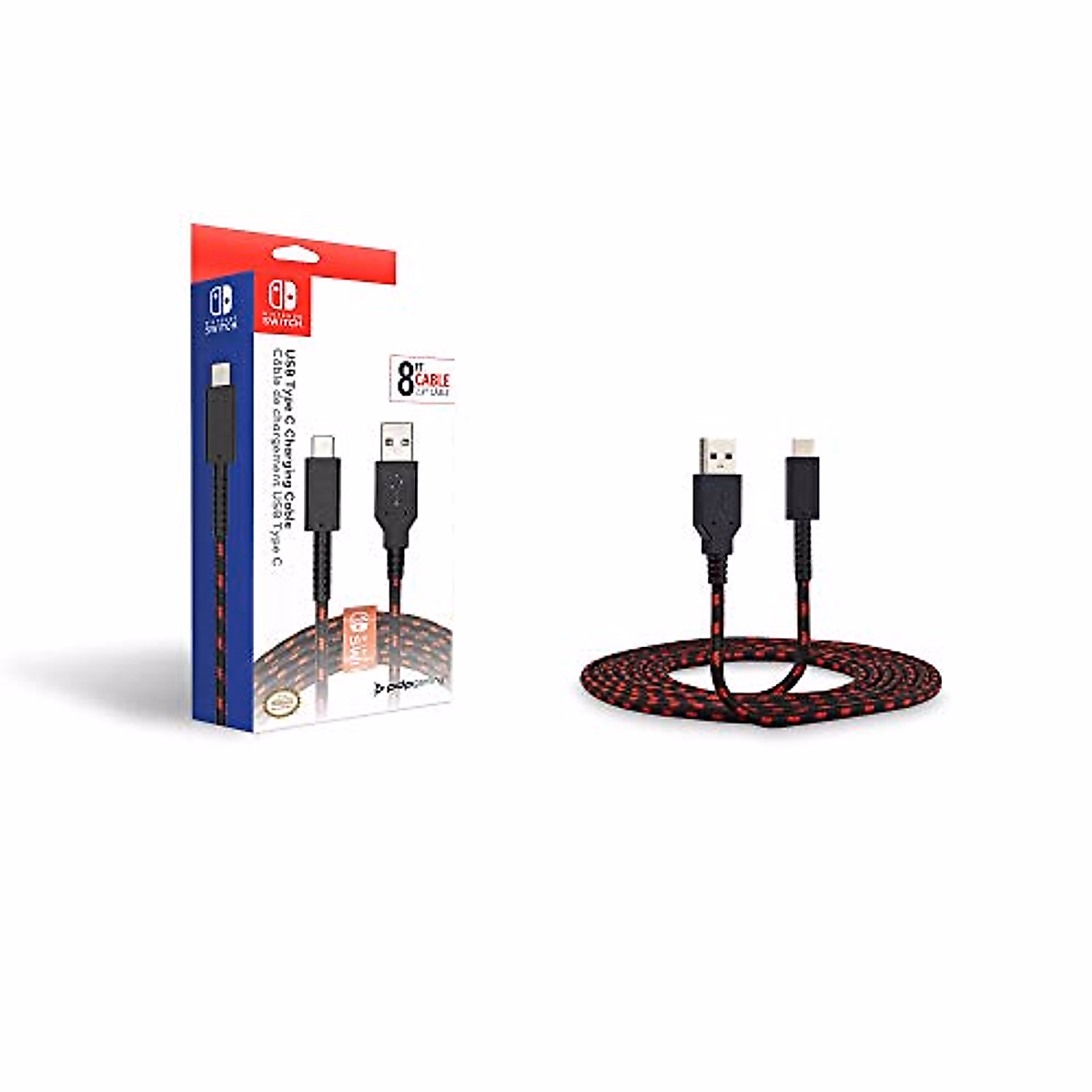 PDP Gaming Charge Cable | 8 Feet USB C Charger: Black/Red - Nintendo Switch