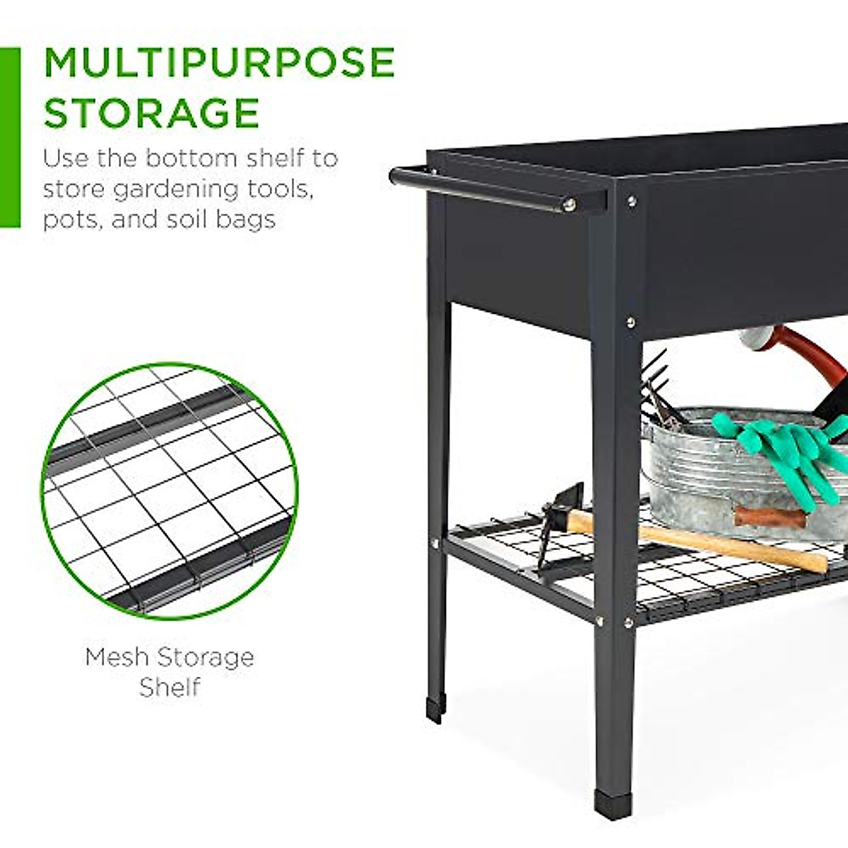 Best Choice Products Elevated Mobile Raised Ergonomic Metal Planter Garden Bed for Backyard, Patio w/Wheels, Lower Shelf, 38x16x32in, Dark Gray