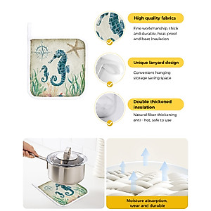 Pot Holder Set of 4 Ocean Seahorse Seaweed Potholder Heat Proof Non-Slip Pot Holders,Retro Nautical Compass Hot Pads Potholders for Kitchen Cooking Baking BBQ