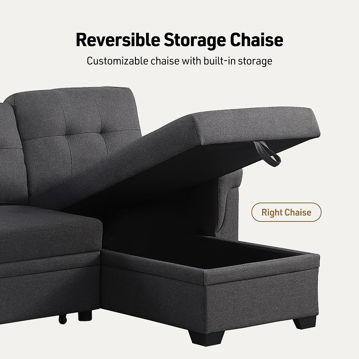 Lilola Home Lucca Dark Gray Linen Reversible Sleeper Sectional Sofa with Storage Chaise