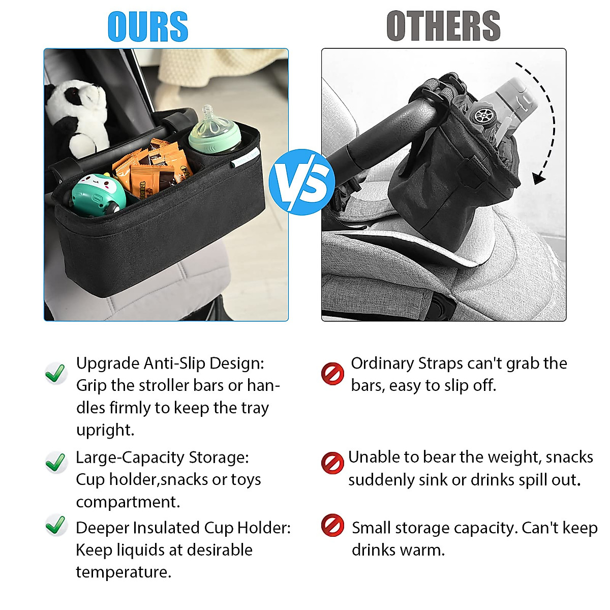 Three Colors Universal Stroller Tray, Stroller Cup Holder, Stroller Snack Tray, Stroller Accessories with Deeper Insulated Cup Holder, Upgraded Alligator Clamp Grip Firmly Stroller Bar, Black