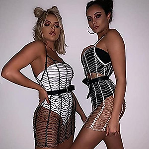 Aiosy Rhinestone Mesh Cover Up Skirt Fishnet Bikini Cover Up See Through Dress Skirts Crystal Rave Outfits Swimwear Party Women Body Accessories Black