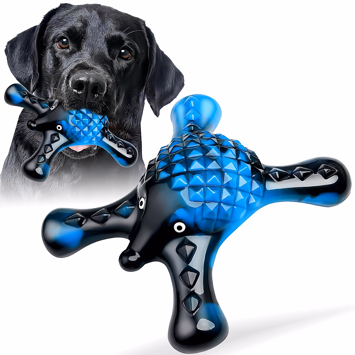 Ouilter Dog Toys for Aggressive Chewers, Nylon Indestructible Dog Toy for Medium Large Dogs, Hedgehog Ddog Chew Toys with Bacon Flavor, Long Lasting, Dog Toys for Boredom, Blue
