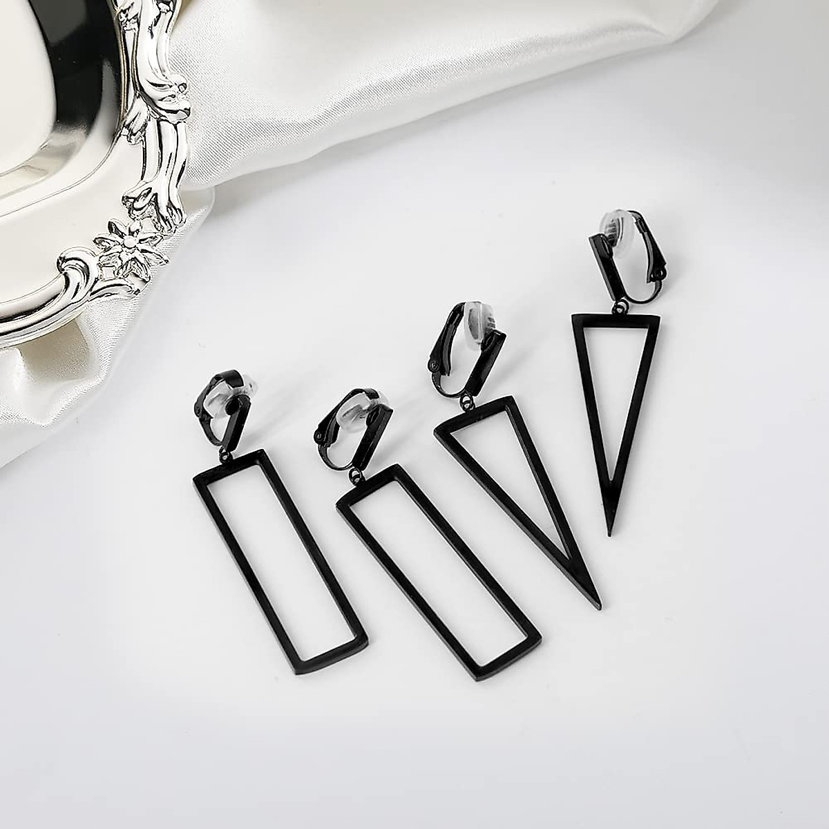 MUYAN Black Triangle Clip On Drop Earrings for Women Modern Black Metal Earrings Non Piercing Earrings Fashion Jewelry