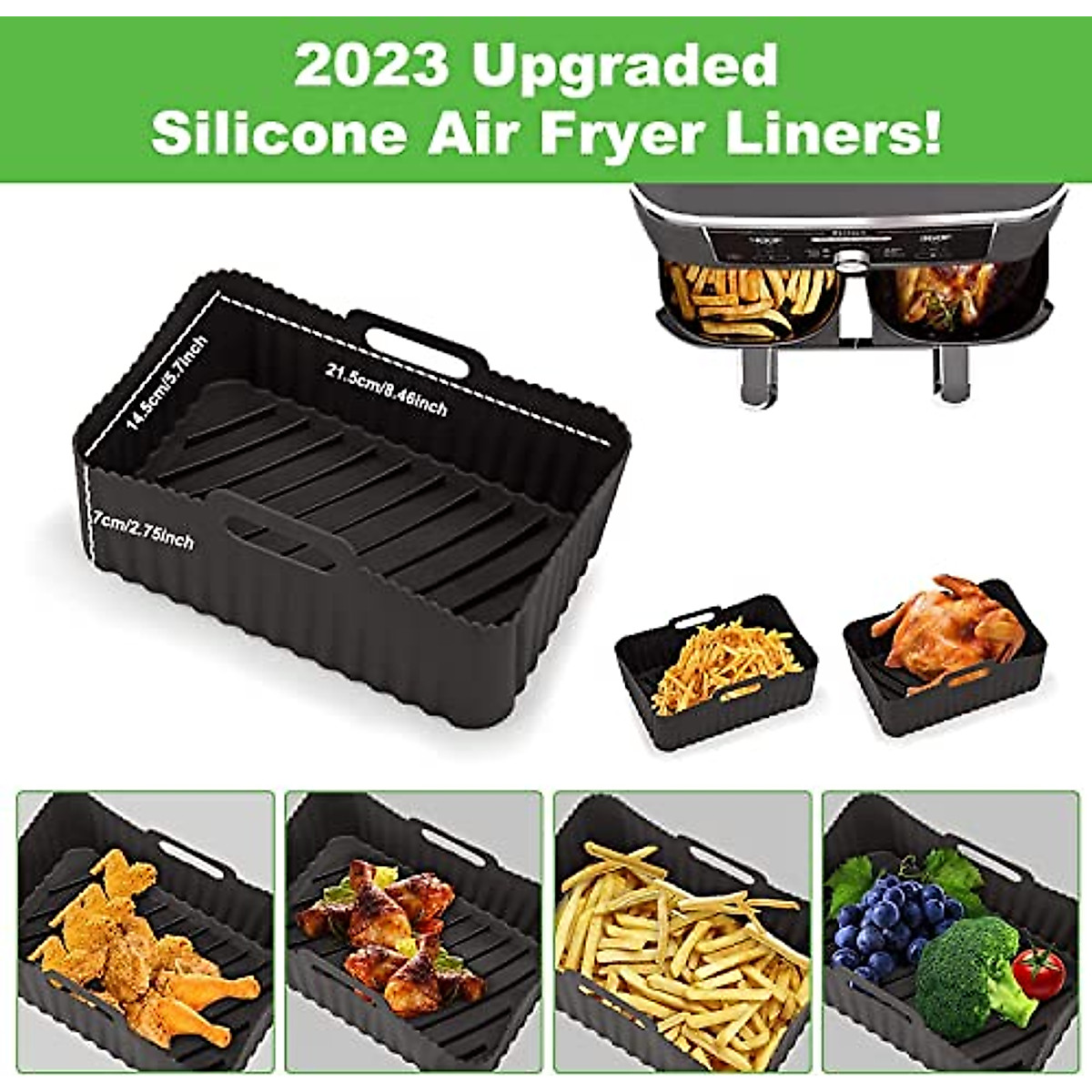 Silicone Air Fryer Liner, 7 PCS Dual Air Fryer Accessories for Ninjas AF400UK AF300UK, 8.46inch Reusable Air Fryer Liners &Silicone Gloves & Air Fryer Rack&Food Clip, Compatible with Oven, Microwave