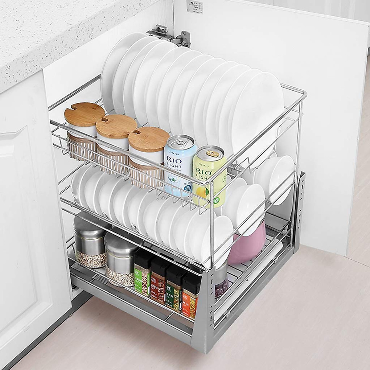 Dish rack Kitchen Sliding Cabinet, Professional Chromed Metal Slide Cabinet Pull Out Organizer Wire Storage Basket Drawer Kitchen Cabinets for Base Cabinets