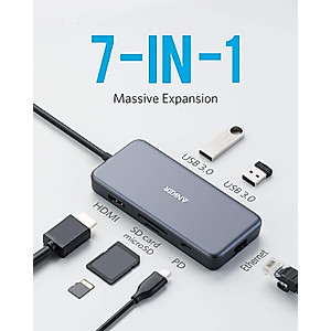 Anker USB C Hub Adapter, PowerExpand+ 7-in-1 USB C Hub, with 4K USB C to HDMI, 60W Power Delivery, 1Gbps Ethernet, 2 USB 3.0 Ports, SD and microSD Card Readers, for MacBook Pro and Other Laptops