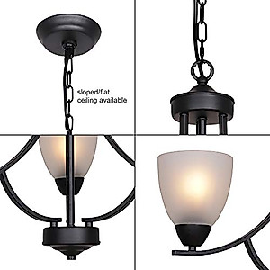 VINLUZ 3 Light Shaded Contemporary Chandeliers with Alabaster Glass Black Rustic Light Fixtures Ceiling Hanging Mid Century Modern Pendant Lighting for Bed Room Dining Room Foyer Living Room