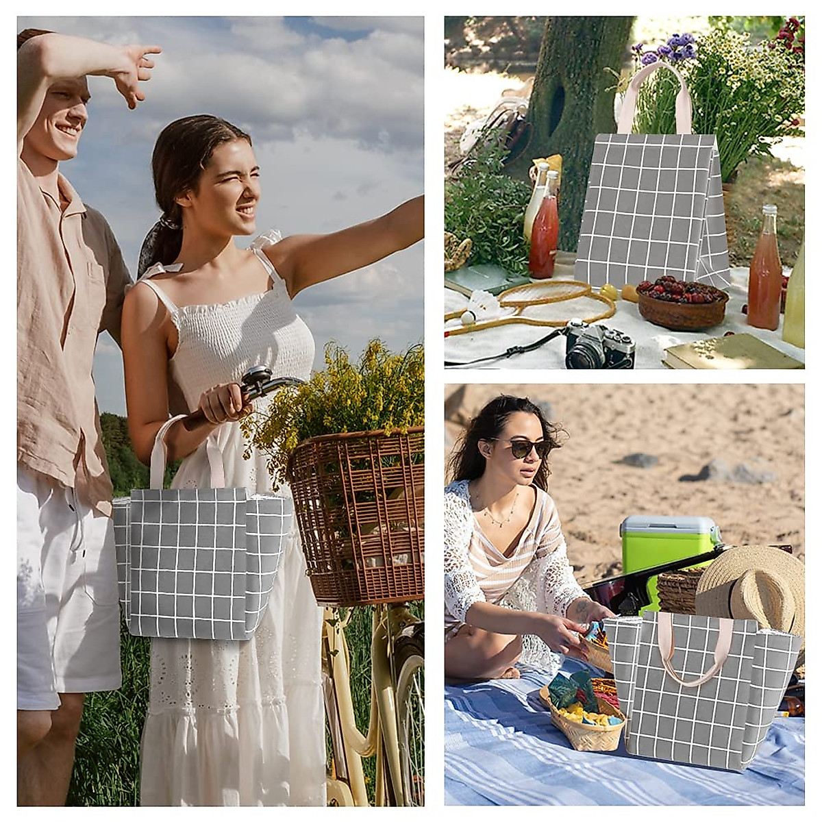 HOMESPON Reusable Lunch Bag Insulated Lunch Box Canvas Fabric with Aluminum Foil, Lunch Tote Handbag for Women,Men,School, Office (Grey Plaid)