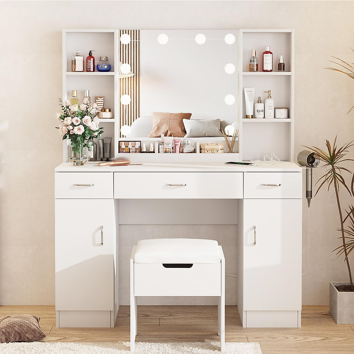 Vabches Makeup Vanity Table with Lighted Mirror & Power Strip, Large Vanity Set Vanity Desk with Lots Storage, 3 Lighting Modes, Brightness Adjustable, 45.2in(L)