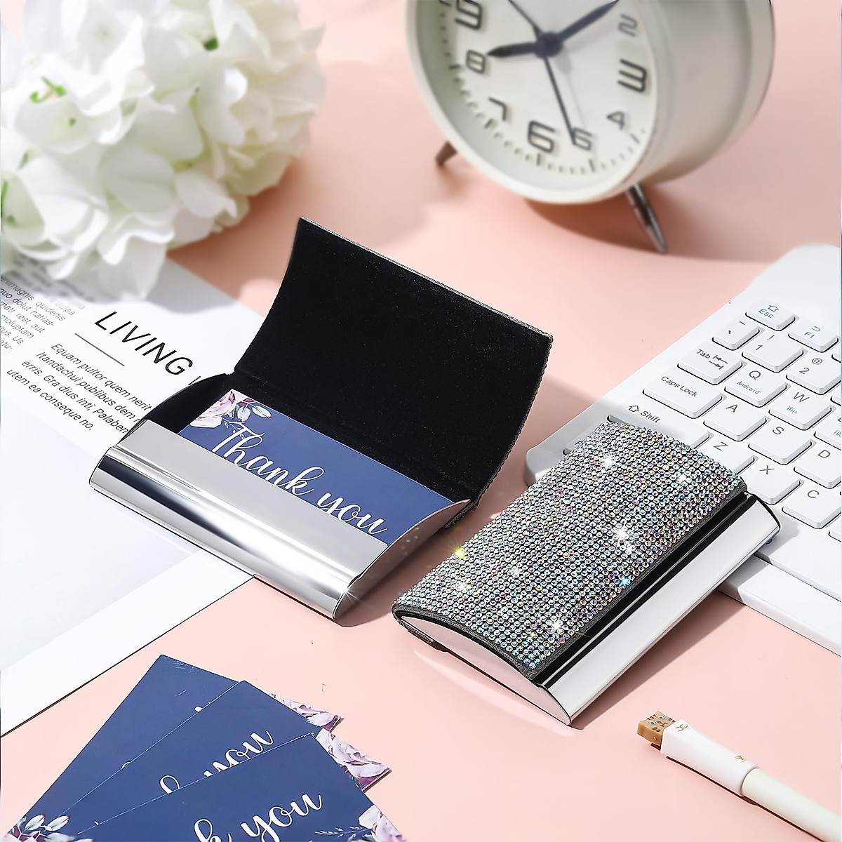 Paterr 2 Pcs Bling Business Card Holder Glitter Rhinestone Credit Card Case Metal Business Card Case Pocket for Women Name Purse Wallet Card Storage Crystal Pocket Organizer for Women