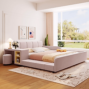 Velvet Upholstered Grounded Bed Platform Bed, Wooden Queen Size Mother & Child Bed Frame with Bedside Desk and Little Round Stool, Kids Adults Bedroom Furniture Floor Bed Platform Bed (Pink Bed)