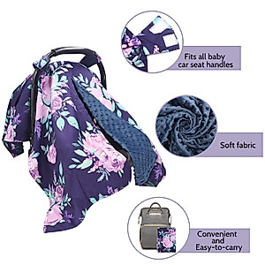 Baby Car Seat Cover and Newborn Bassinet Sheet,Purple Flower Baby Sheet Peekaboo Opening Minky Carseat Canopy for Girl