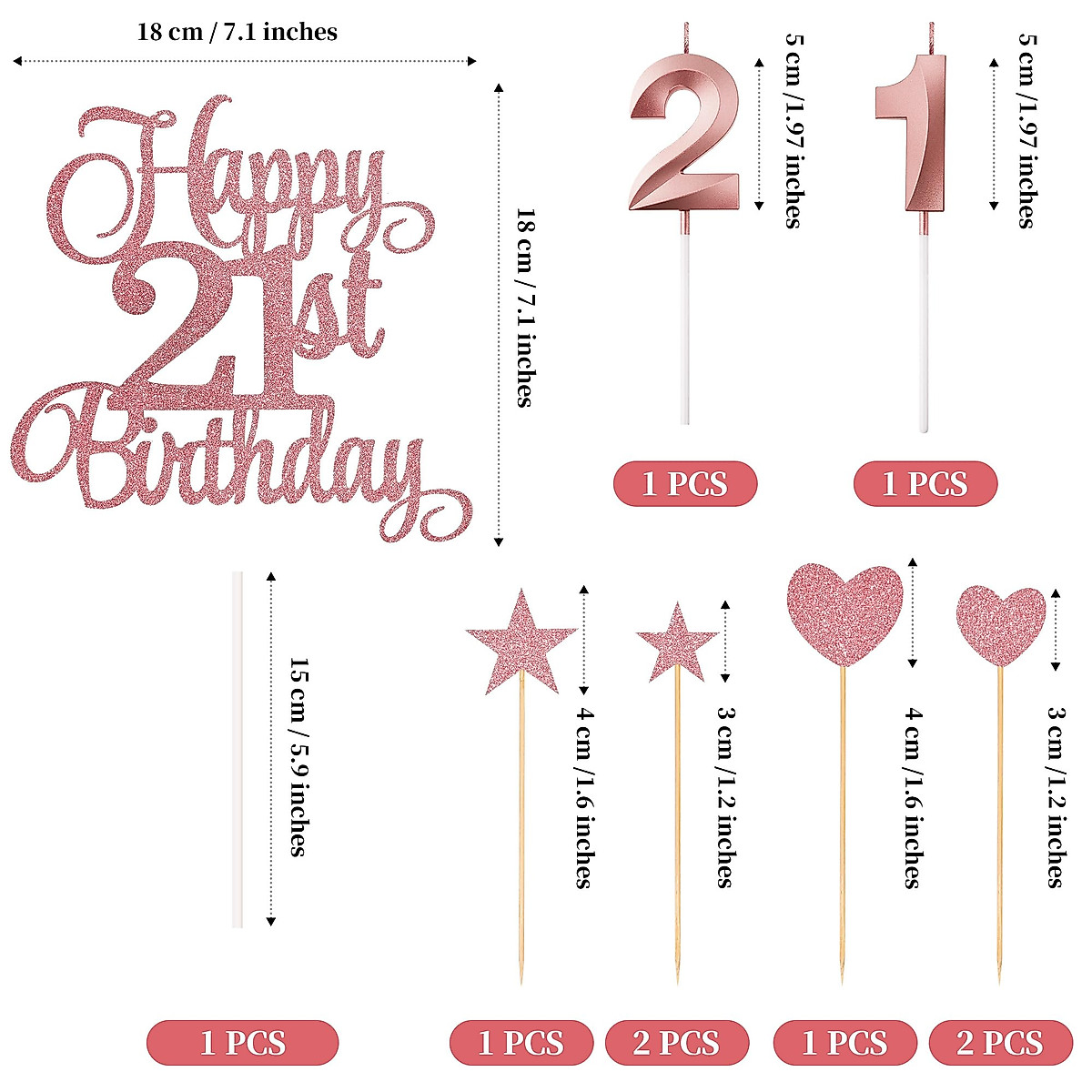 Lecferrarc 21st Birthday Cake Decorations, 21st Birthday Candles Cake Numeral Candles and Glitter Happy 21st Birthday Cake Toppers Set for Birthday Party Supplies (Rose Gold)