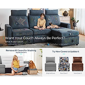 LINSY HOME Modular Sectional Sofa, Upgraded High Back Sectional Couch with 4 Headrests, L Shaped Sofa Bed with Storage, Sofa Covers Removable, 5 Seat Couch with Ottoman for Living Room, Grey