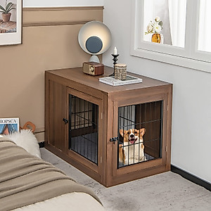 PETSITE Dog Crate Furniture with Cushion, Wooden Dog Crate End Table with Double-Doors, Dog Kennel Indoor, Pet Cage House for Small to Medium Sized Dogs