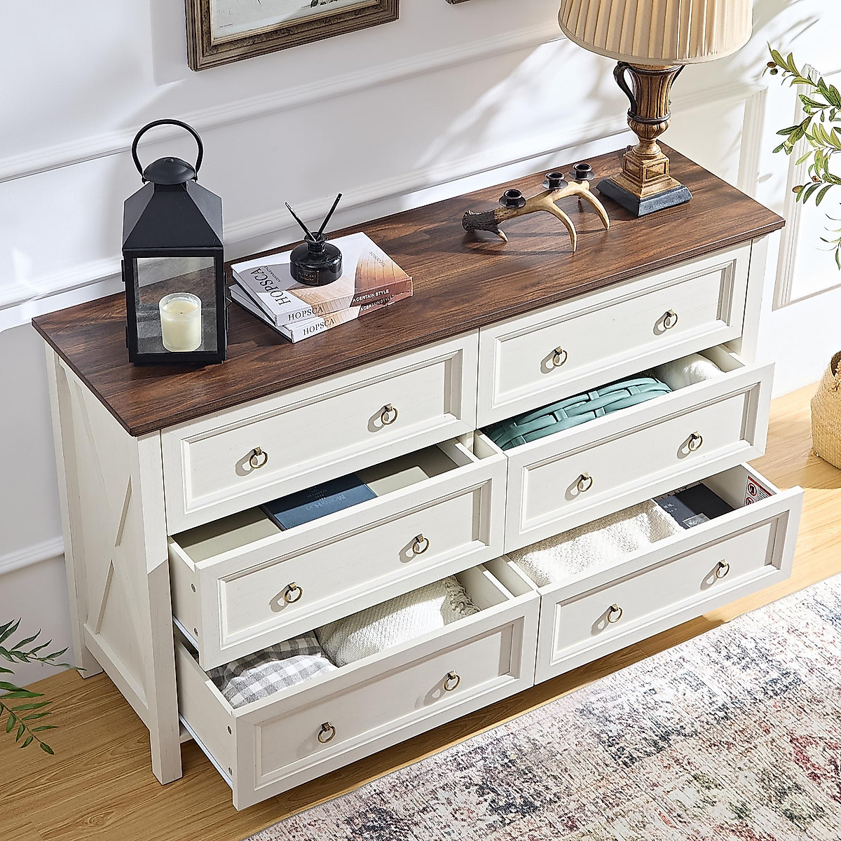 OKYCI Farmhouse 6 Drawer Dresser for Bedroom, Double Wood Chest of Drawers with 1.2" Thickened Top - 54" W x 31.5" H, Antique White