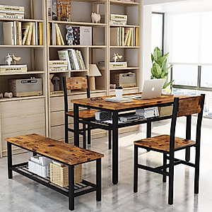 AWQM 4 Pieces Kitchen Table Set, Industrial Dining Table with 2 Chairs and Bench, Storage Racks, Space-Saving Table Set for Small Space, Apartment, Living-Room, Restaurant, Vintage Brown