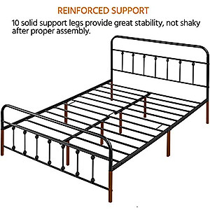 Topeakmart Queen Size Victorian Style Metal Bed Frame with Headboard/Mattress Foundation/No Box Spring Needed/Under Bed Storage/Strong Slat Support Black