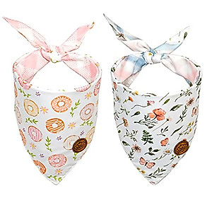 CROWNED BEAUTY Spring Dog Bandanas Reversible Large 2 Pack, Floral Donuts Set, Plaid Adjustable Triangle Holiday Pink Scarves for Medium Large Extra Large Dogs Pets DB33-L