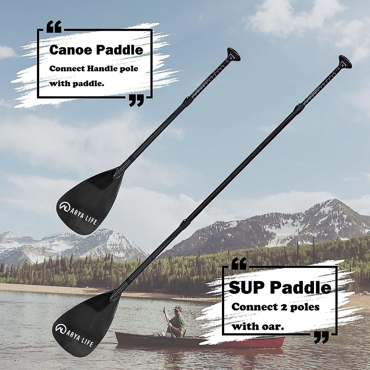 Arya Life 3 Piece SUP Paddle, Canoe Paddle with Fiberglass Blade, Adjustable Carbon Fiber Shaft, 70-86 Inches, Black